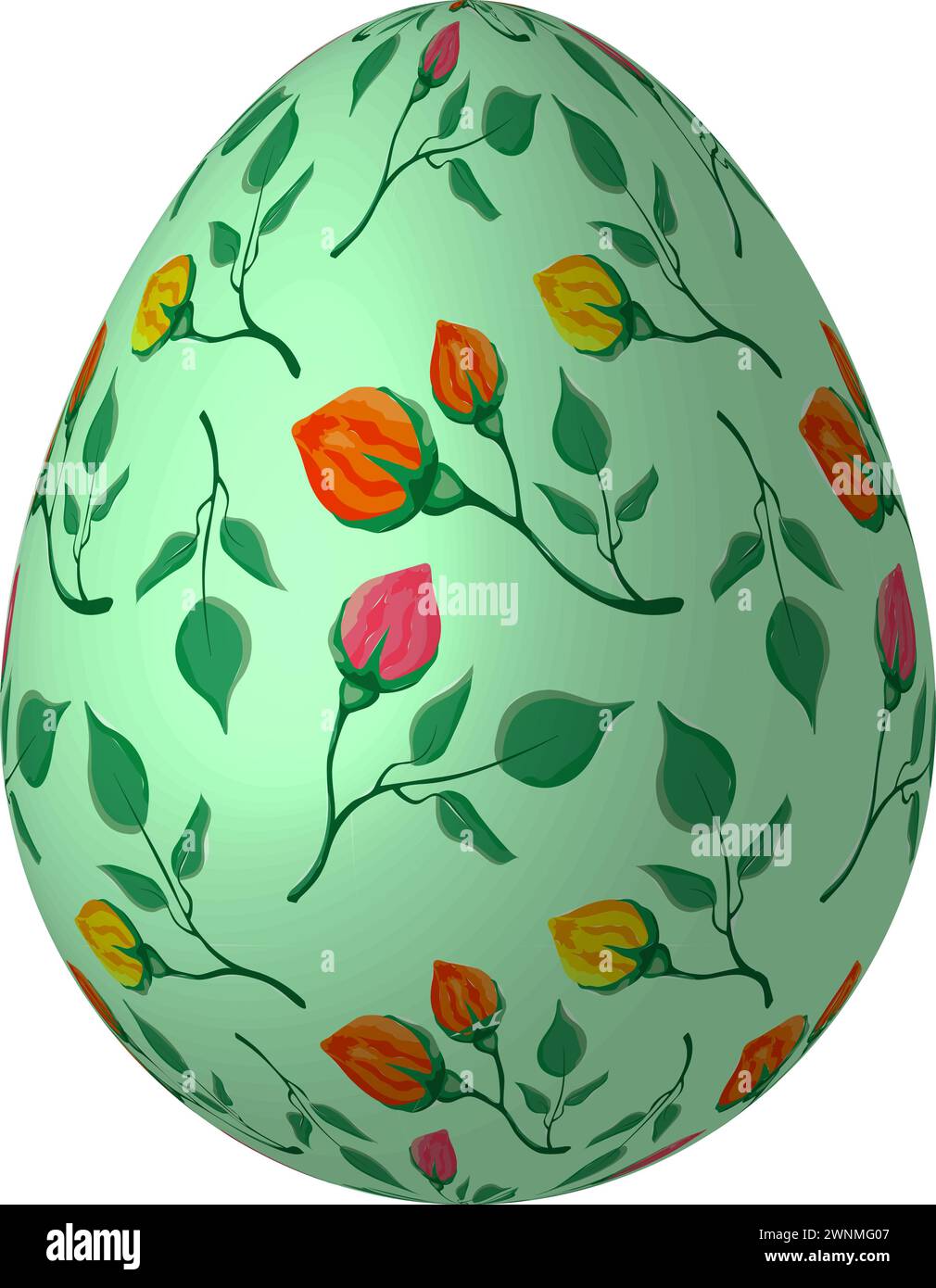 Realistic 3D egg decorated with roses motif drawing on mint background for Easter greeting card ...