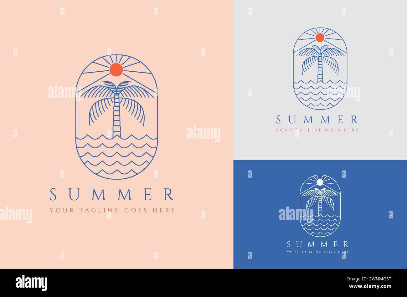 Summer logo design in trendy linear style with palm tree and shining ...
