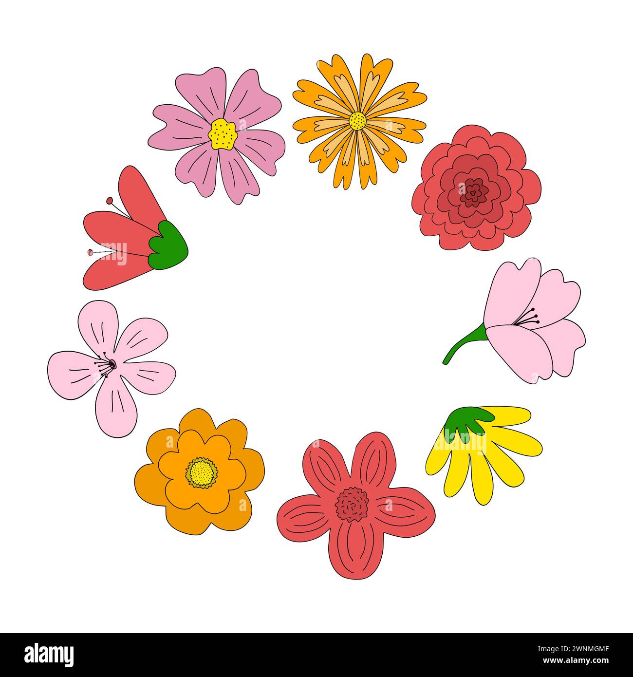 Round flower frame from different meadow flowers, spring design element ...