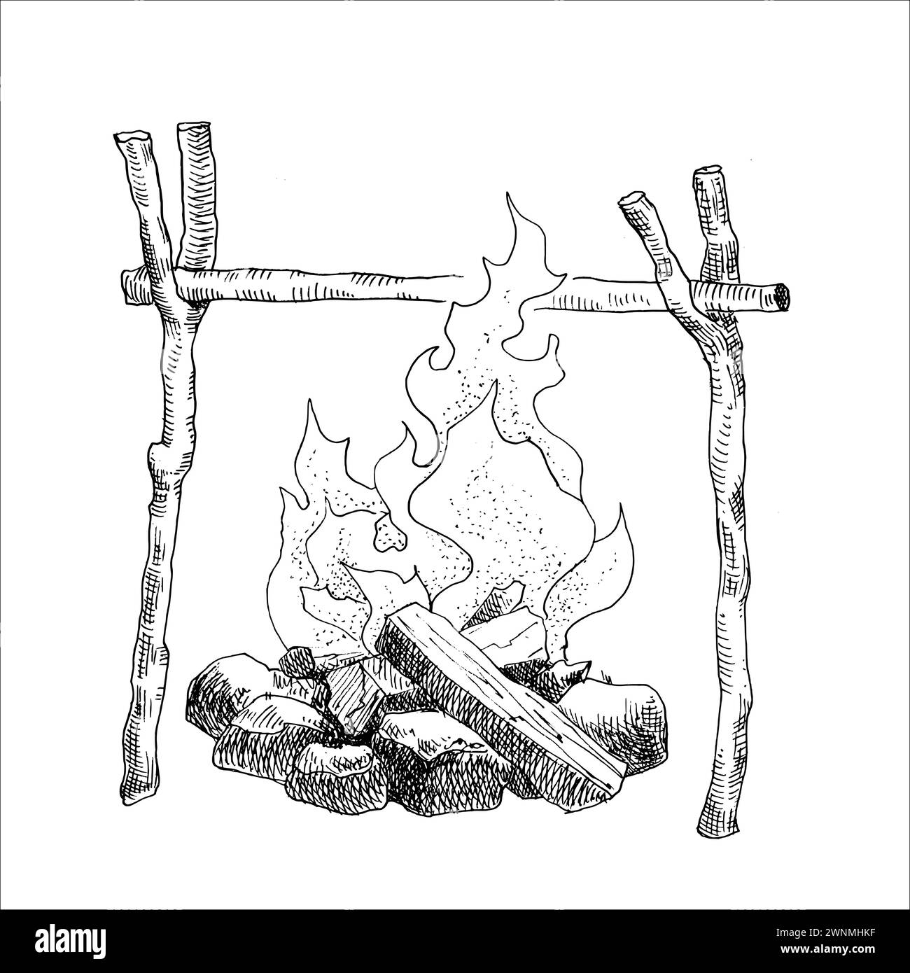 Sticks with knots for hanging the cauldron over the fire. Vector ...