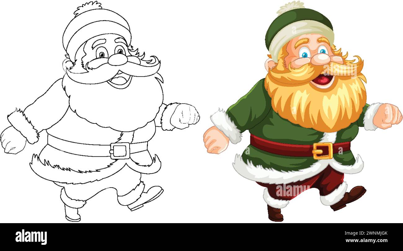 Black and white and colored Santa illustrations side by side Stock ...