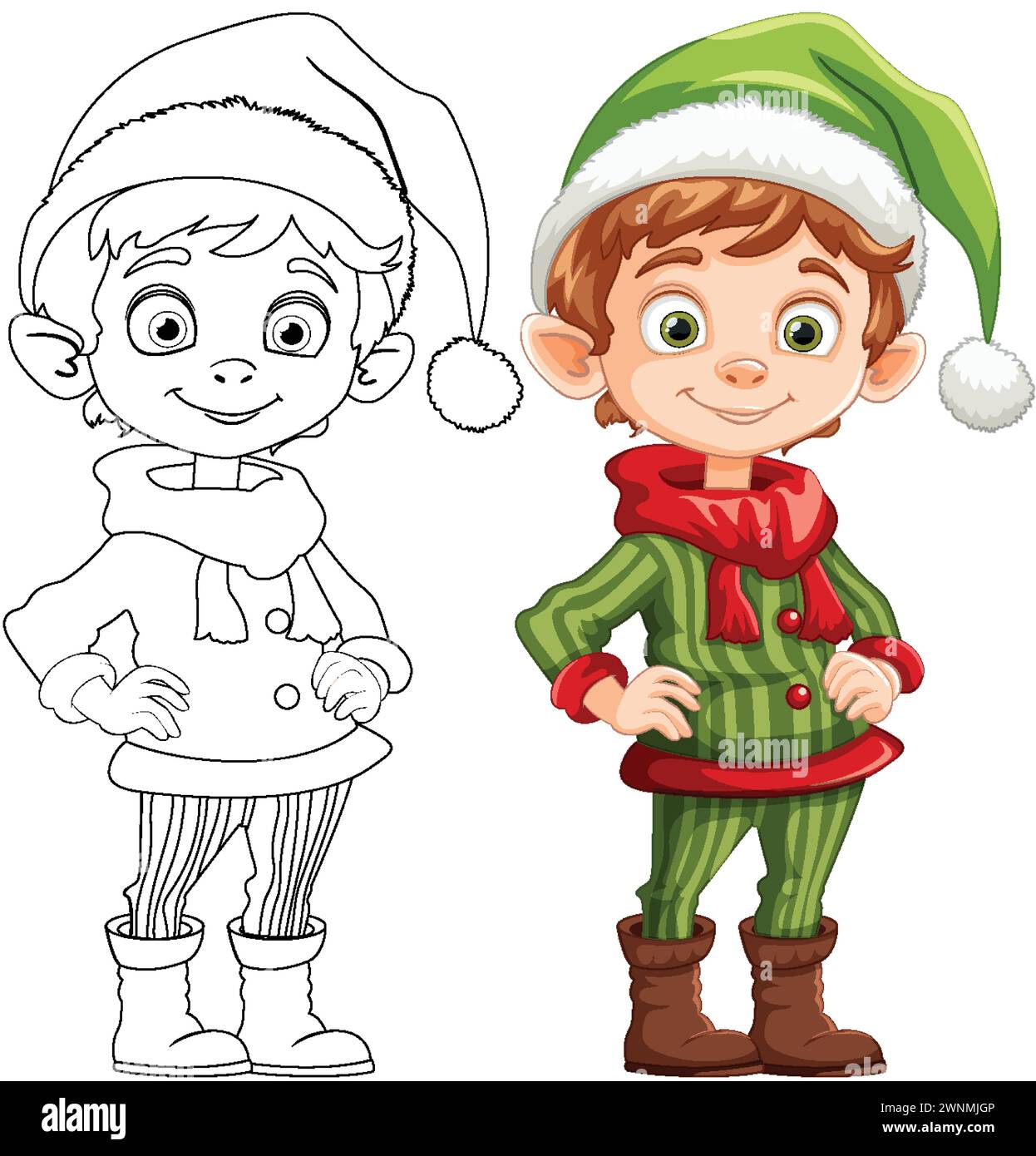 Colorful and outlined versions of a festive elf Stock Vector Image ...