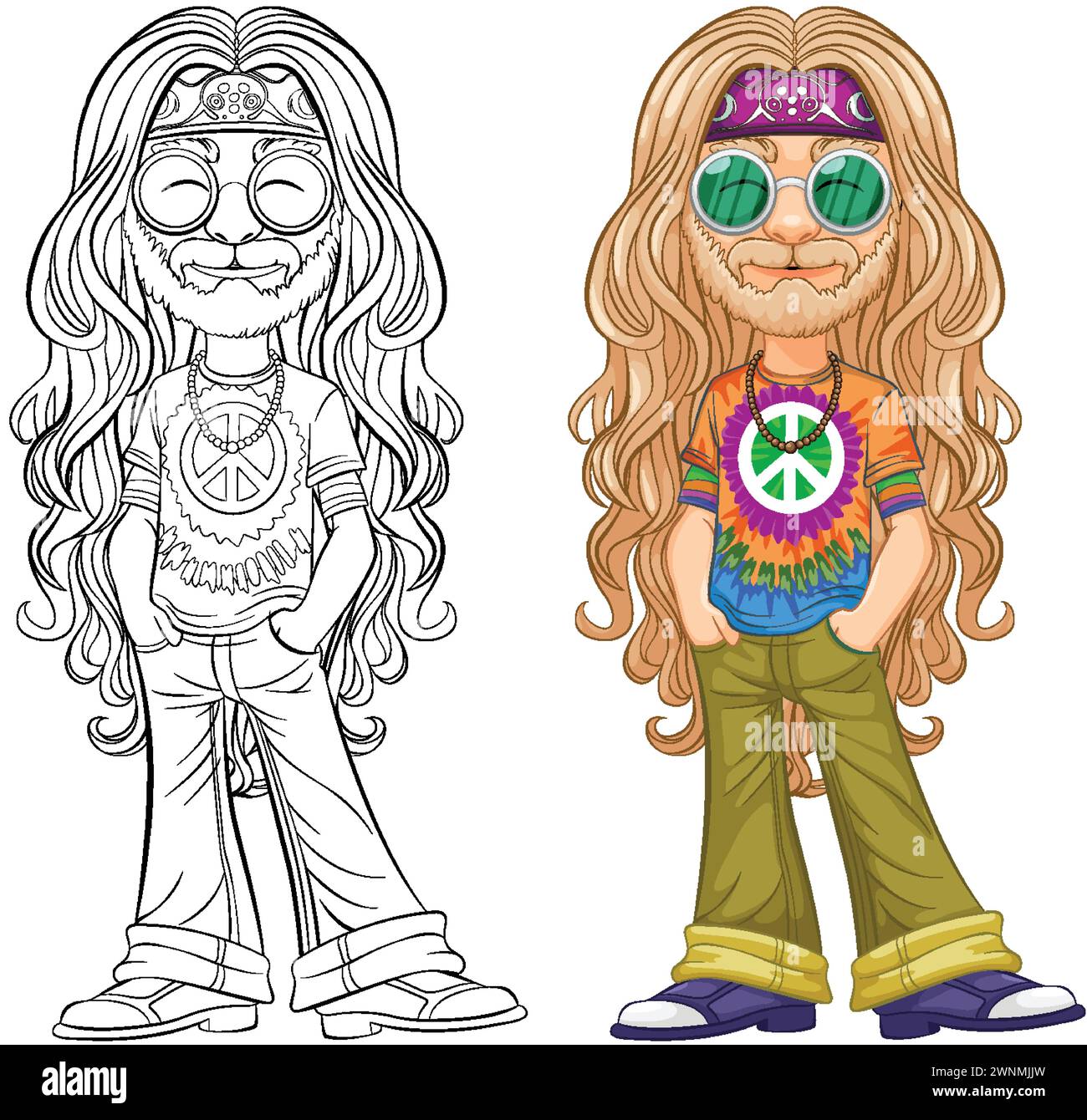 Colorful and outlined hippie character with peace symbols Stock Vector ...