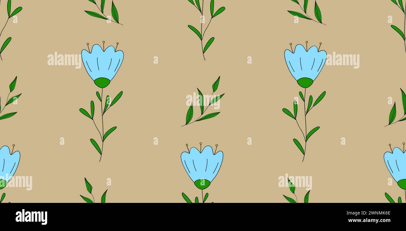 Seamless pattern with simple meadow flowers and branches, blue flowers ...