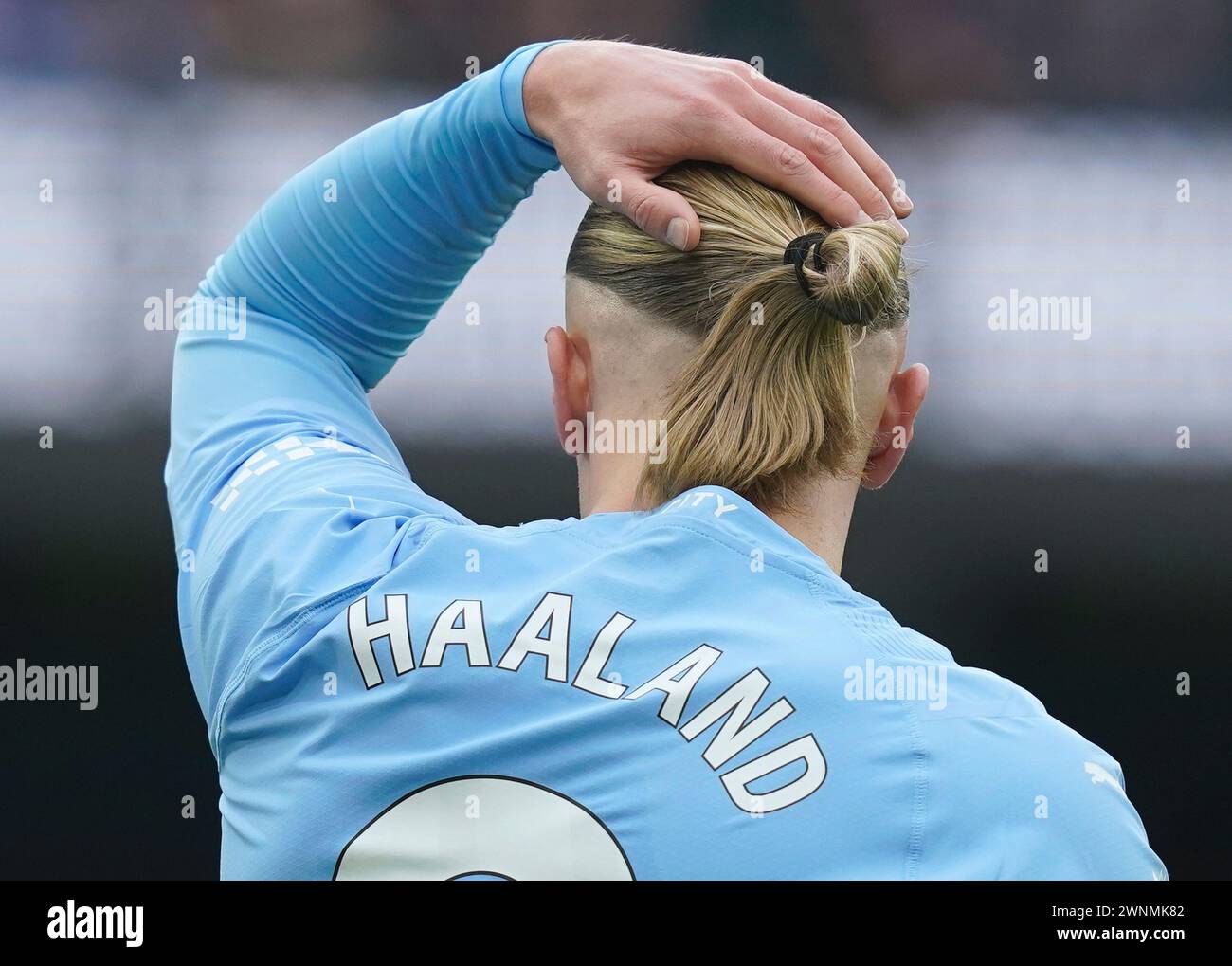 Manchester, UK. 3rd Mar, 2024. Erling Haaland of Manchester City reacts ...
