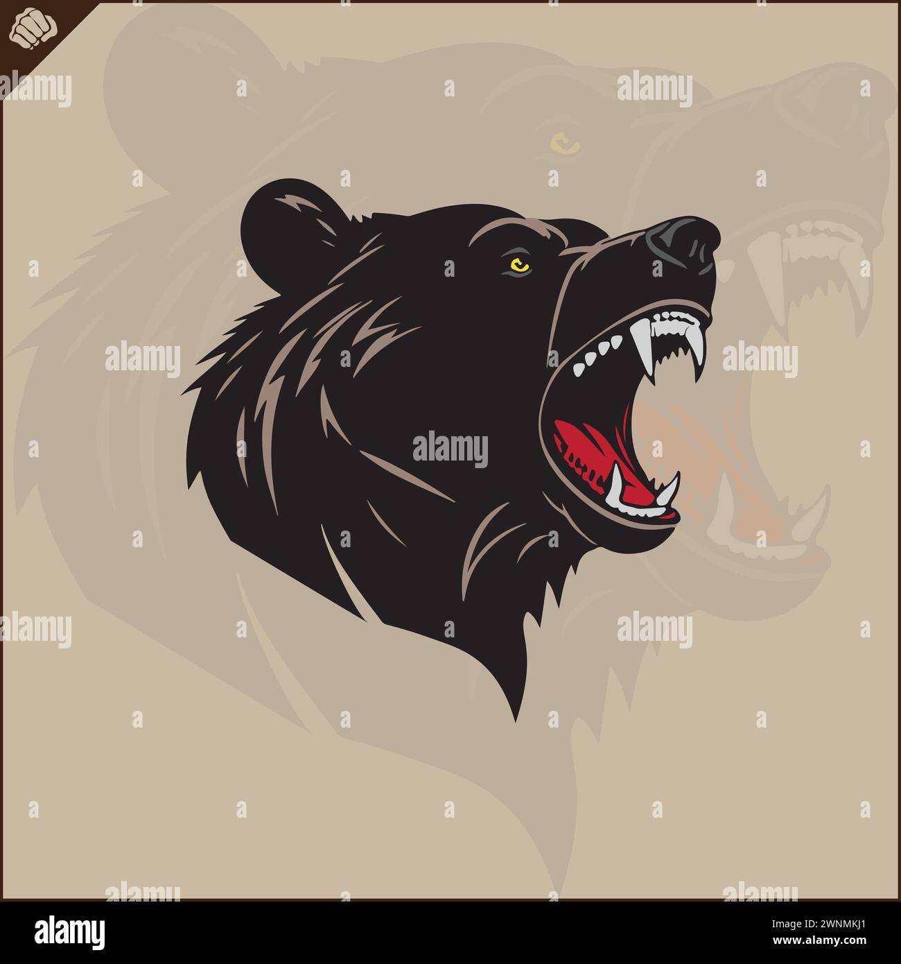 head of an aggressive bear, wide grinning evil mouth, silhouette, side ...