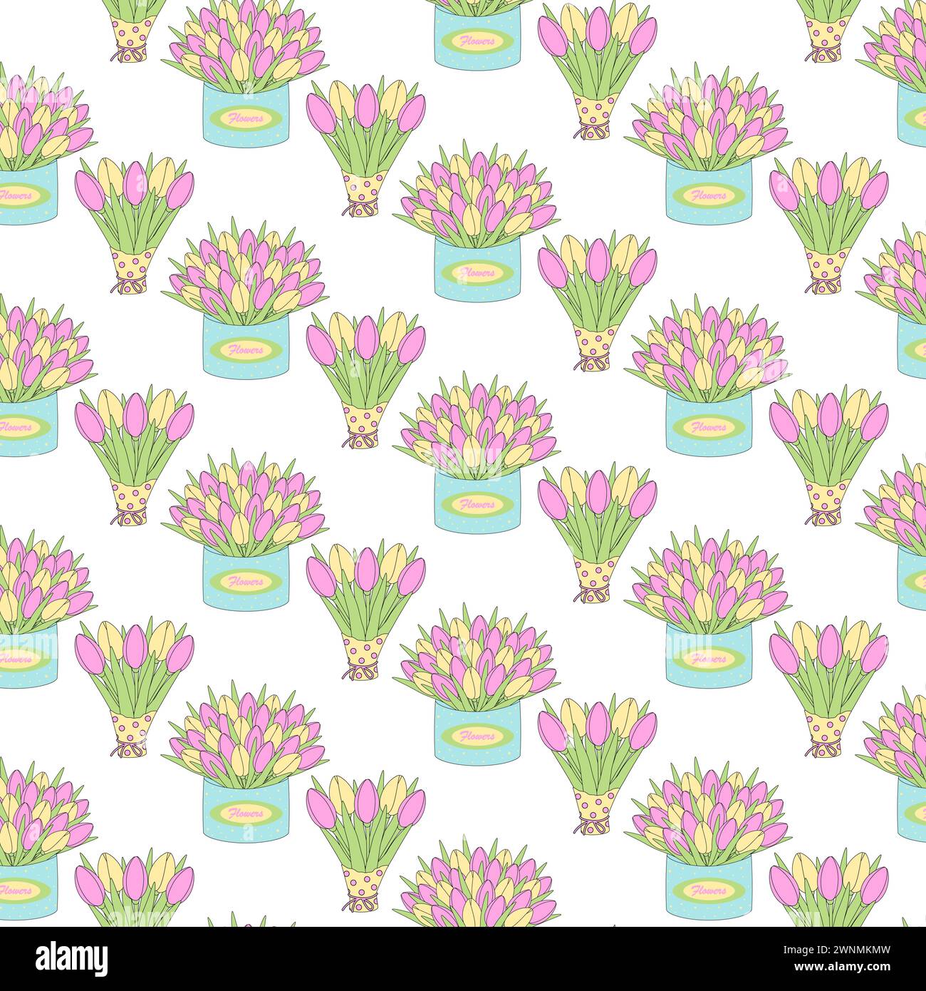 Seamless pattern 2 bouquets of tulips in wrapping paper and round box ...