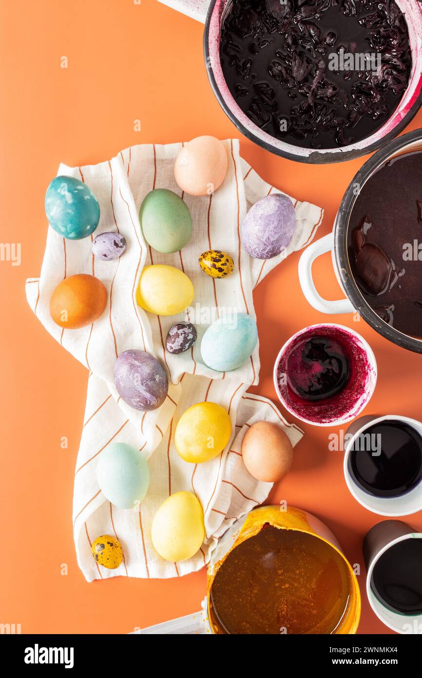 The process of dyeing Easter eggs with natural dyes, hibiscus and ...