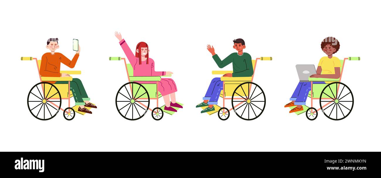 Set with different smiling people on wheelchairs. Illustrations ...