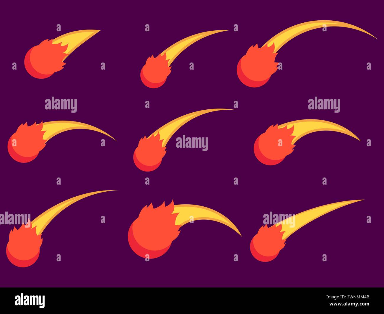 Falling meteorite icon set isolated. Flying comet with a tail, burning meteorite in a minimalist ...