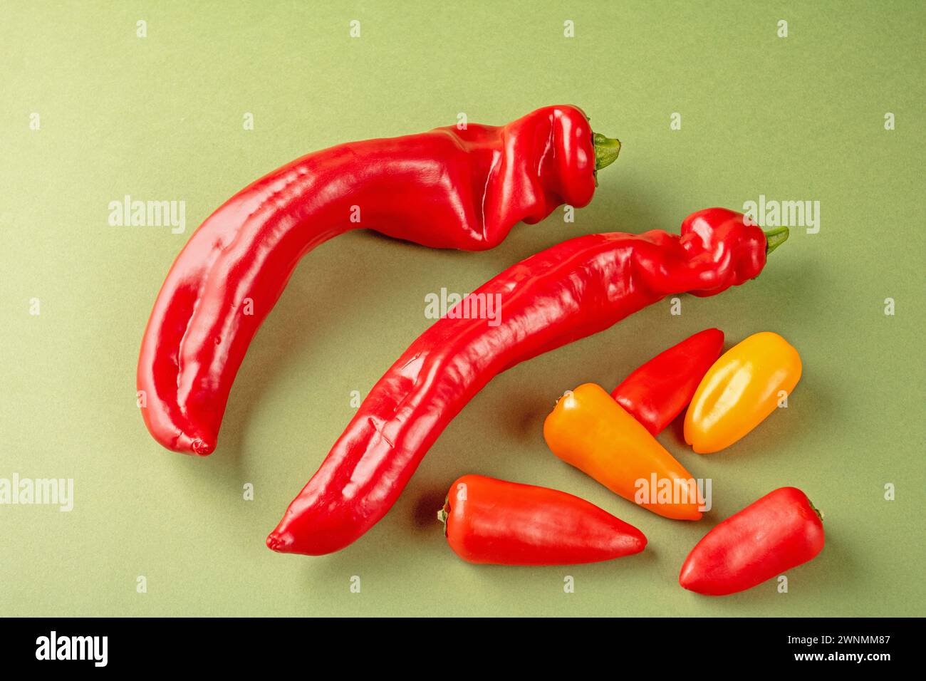 A close-up shot of a group of vibrant red paprikas arranged on a lush ...