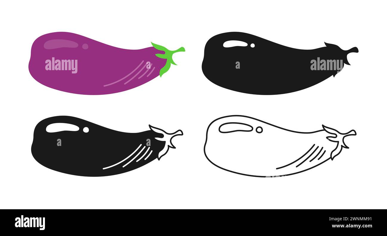 Eggplant linear icon, cartoon symbol set. Hand Drawn eggplants silhouette shape, doodle ...
