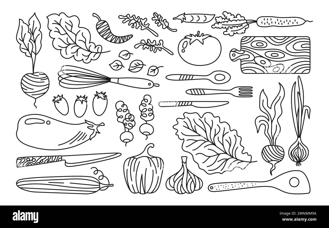 Vegetables and kitchen utensils cartoon doodle set. Vegetable carrot ...