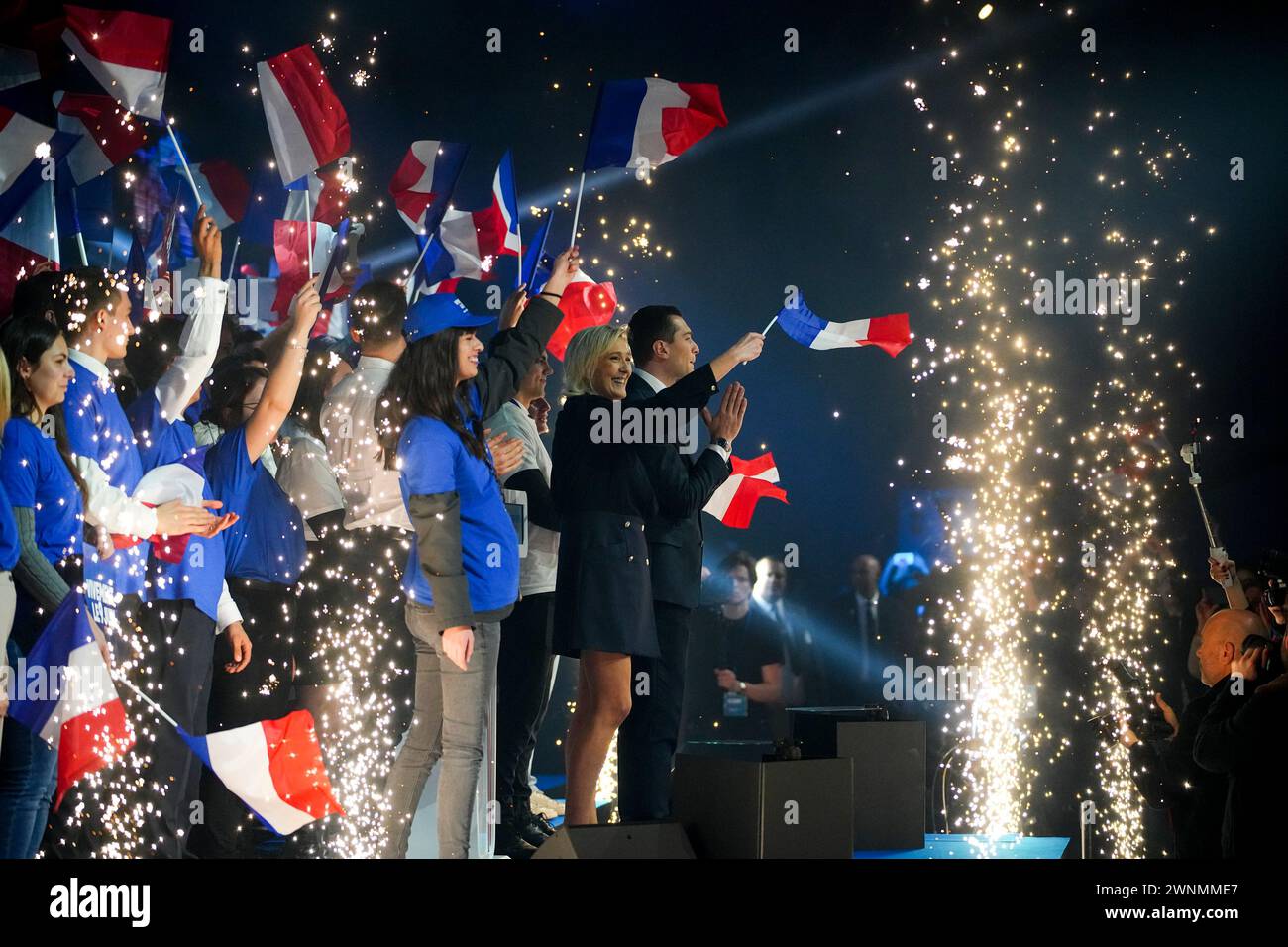 French far-right National Rally party leader Marine le Pen, centre, and ...