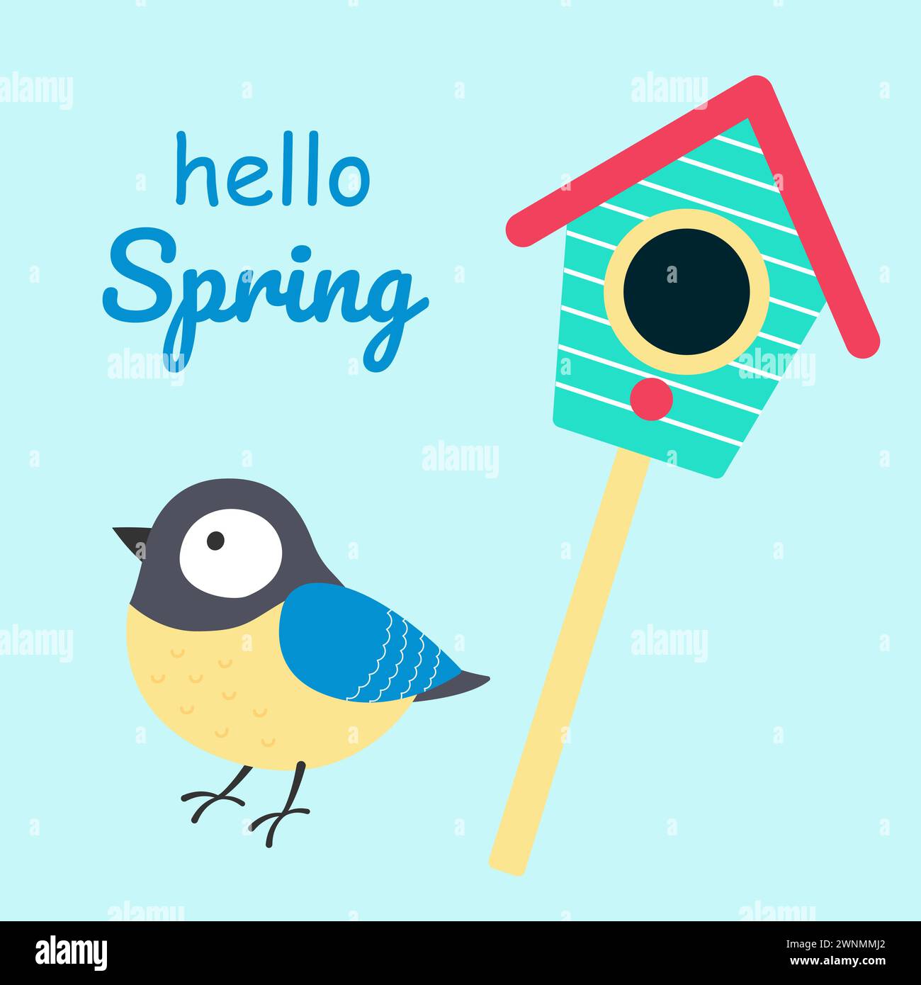 Little bird and birdhouse. The inscription hello spring. Vector ...