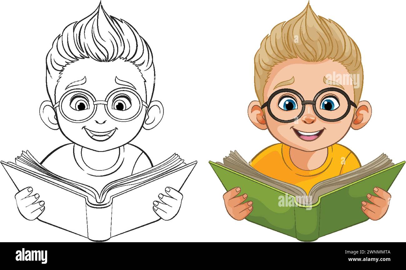 Cartoon boy smiling while reading an open book Stock Vector Image & Art ...