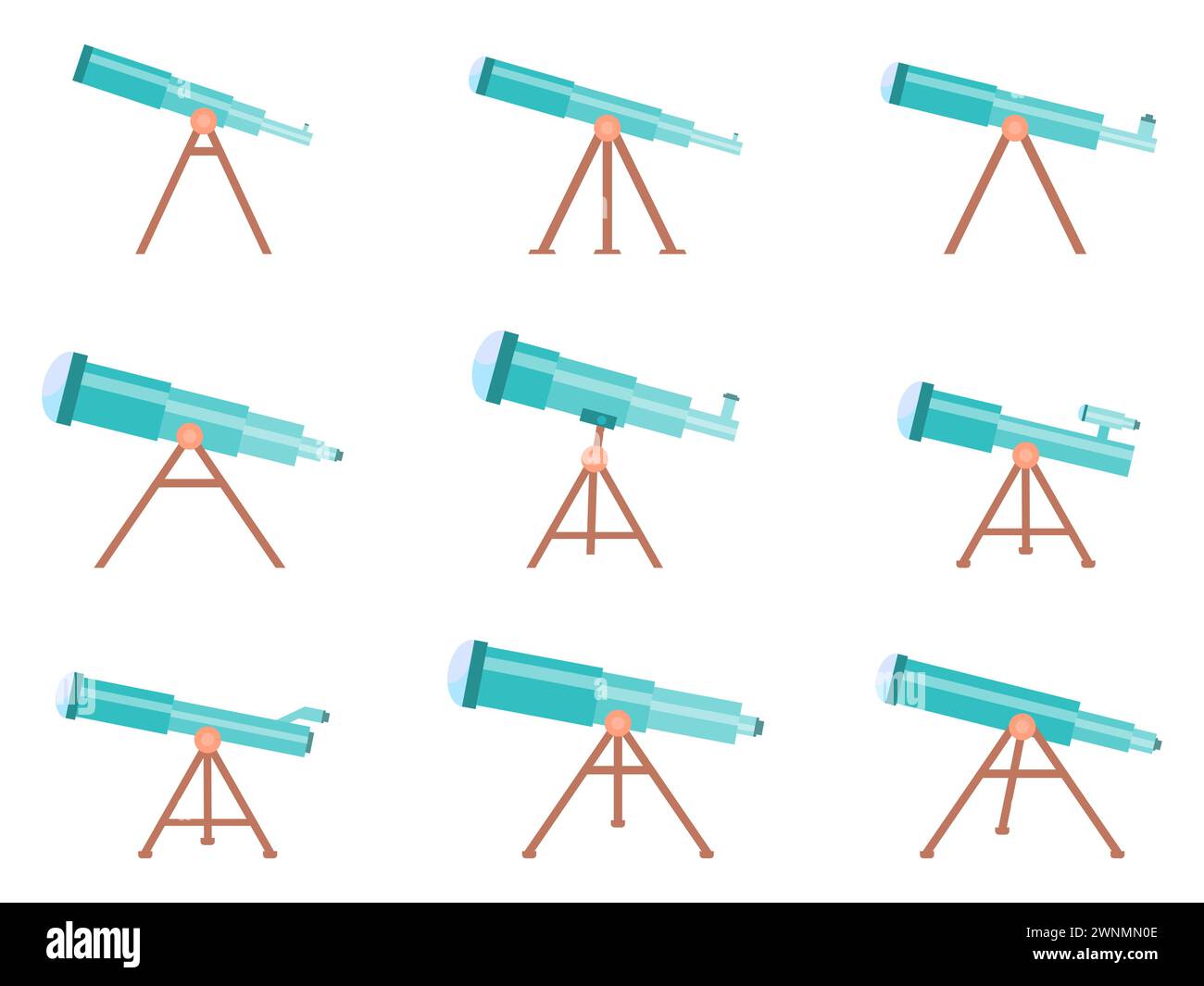 Telescope icon set isolated on white background. Telescope on a tripod. Telescopes of various ...