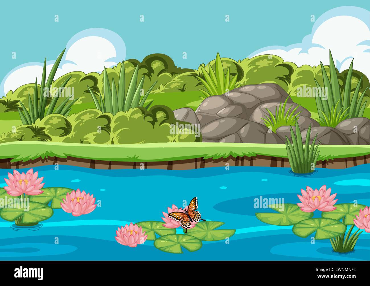 Vector illustration of a peaceful pond scene with flora and fauna Stock ...