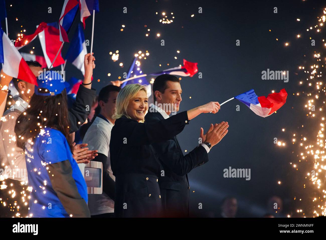 French far-right National Rally party leader Marine Le Pen, centre and ...