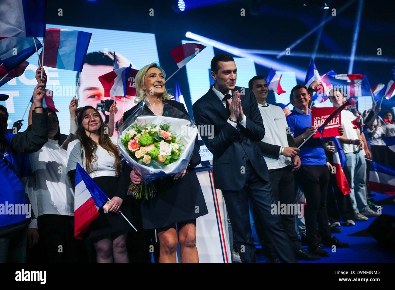 French far-right National Rally party leader Marine Le Pen, left, and ...