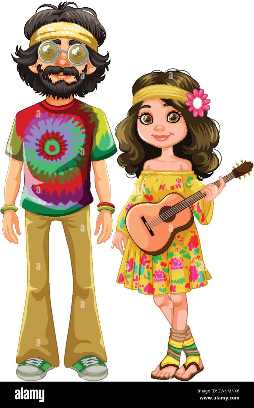 Cartoon of a hippie couple with colorful attire and guitar Stock Vector ...