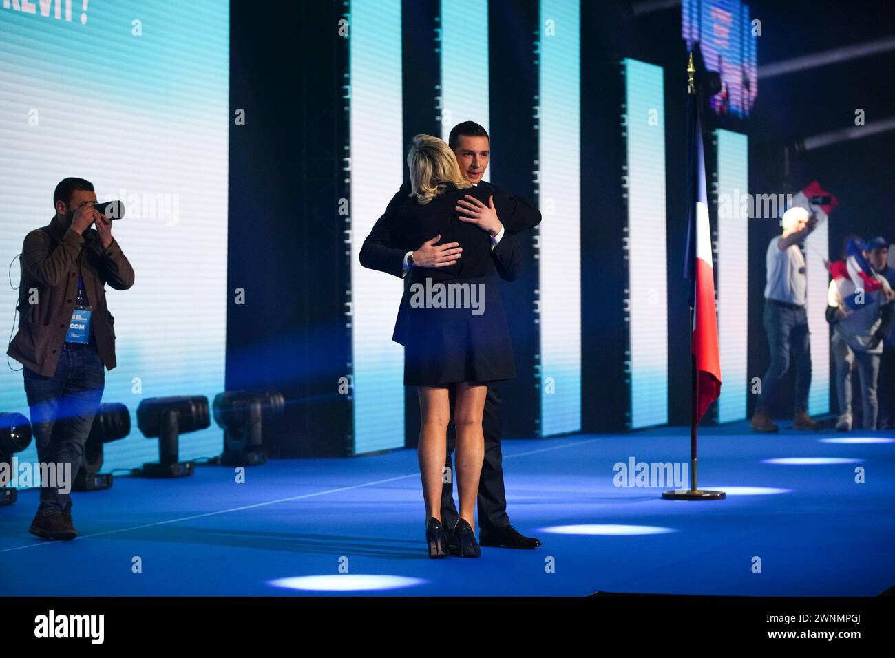French far-right National Rally party leader Marine Le Pen hugs ...