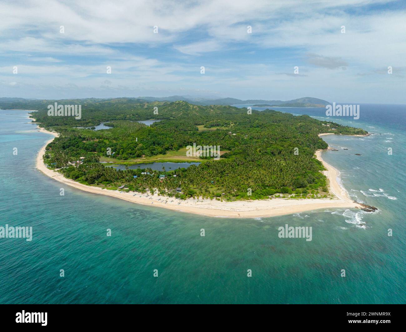 Aerial view of white sandy beach with ocean waves and turquoise sea ...