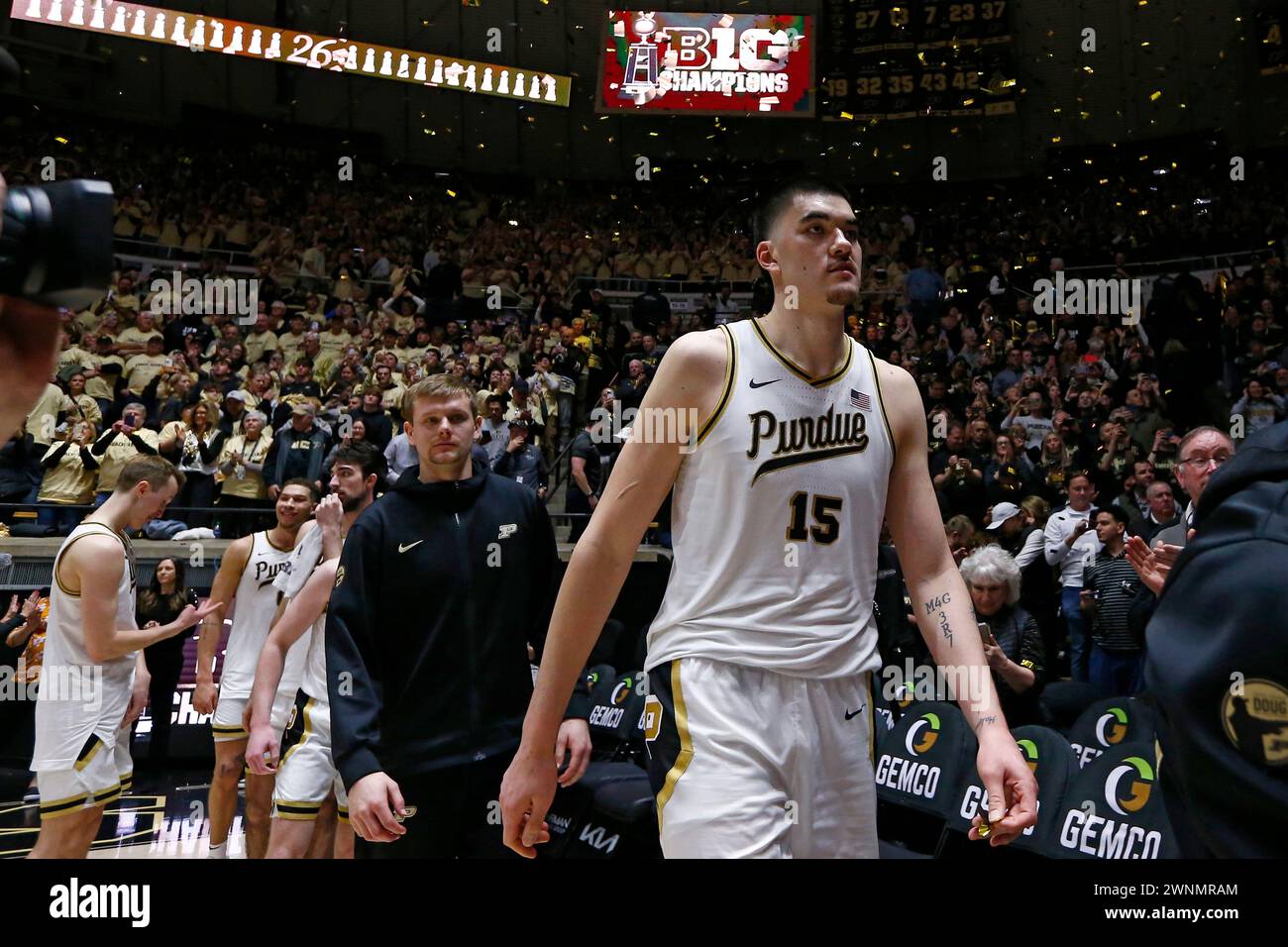 WEST LAFAYETTE, IN - MARCH 02: Confetti falls as Purdue Boilermakers ...