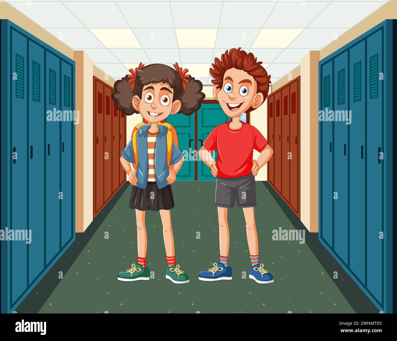 Two cartoon children smiling in school corridor Stock Vector Image ...