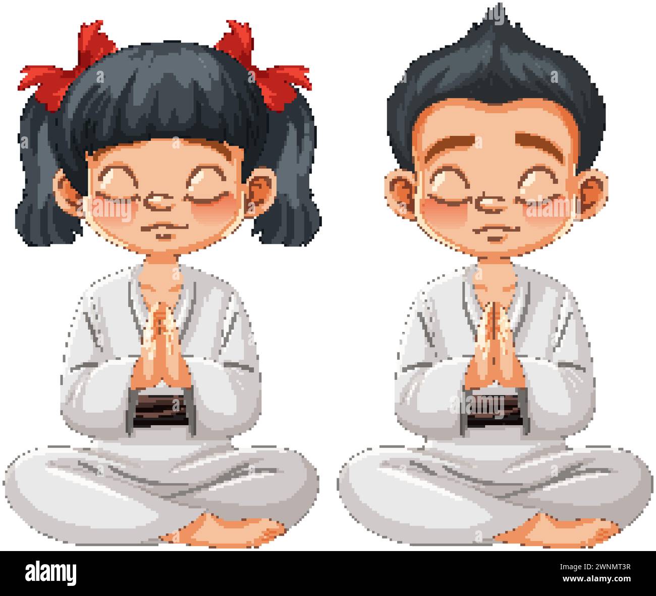Two cartoon kids meditating with eyes closed, palms together Stock ...