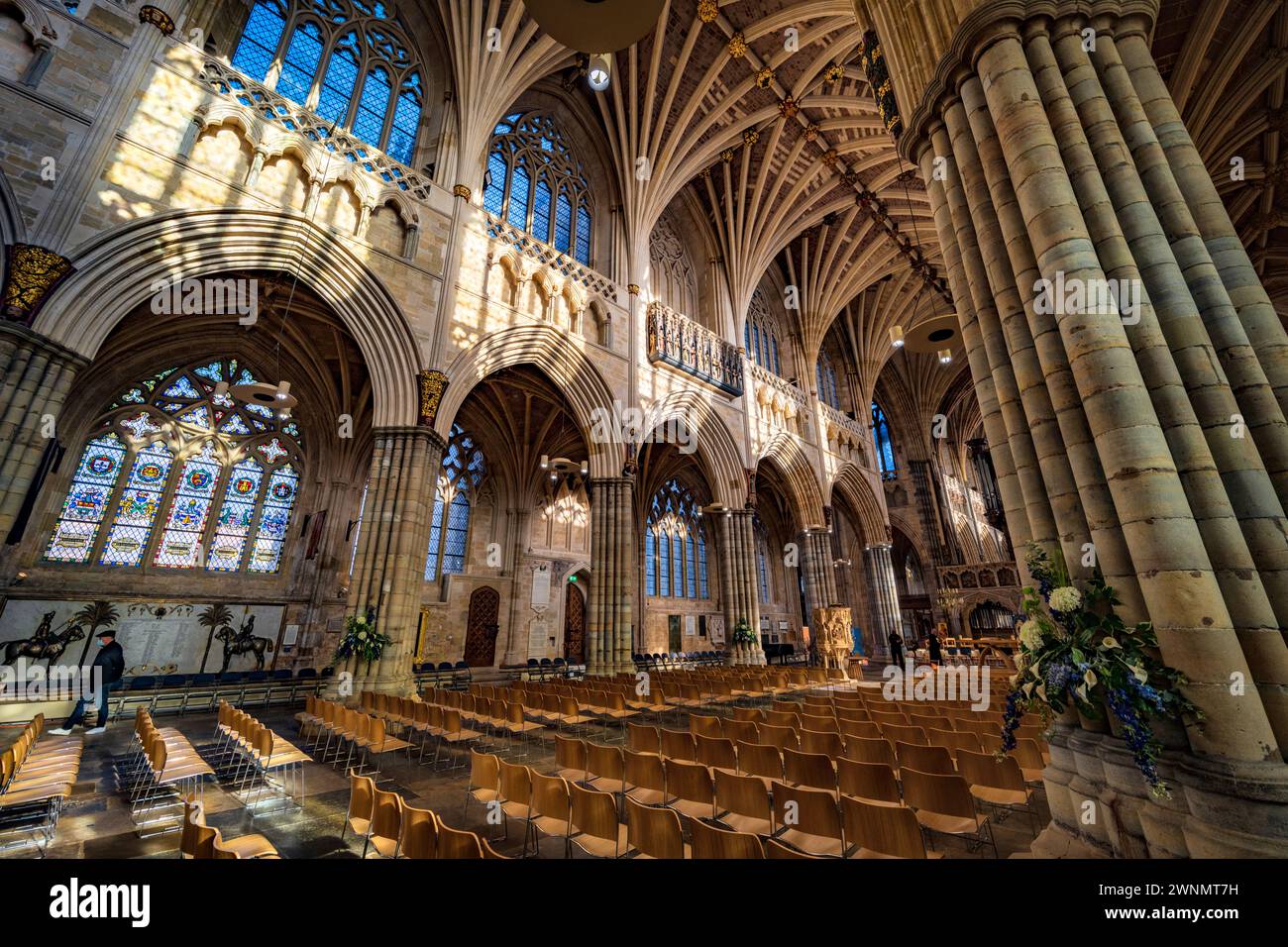 The nave of Exeter Cathedral showing columns and part of the vaulted ...
