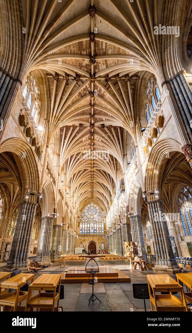 The nave of Exeter Cathedral, facing west. The cathedral has the ...