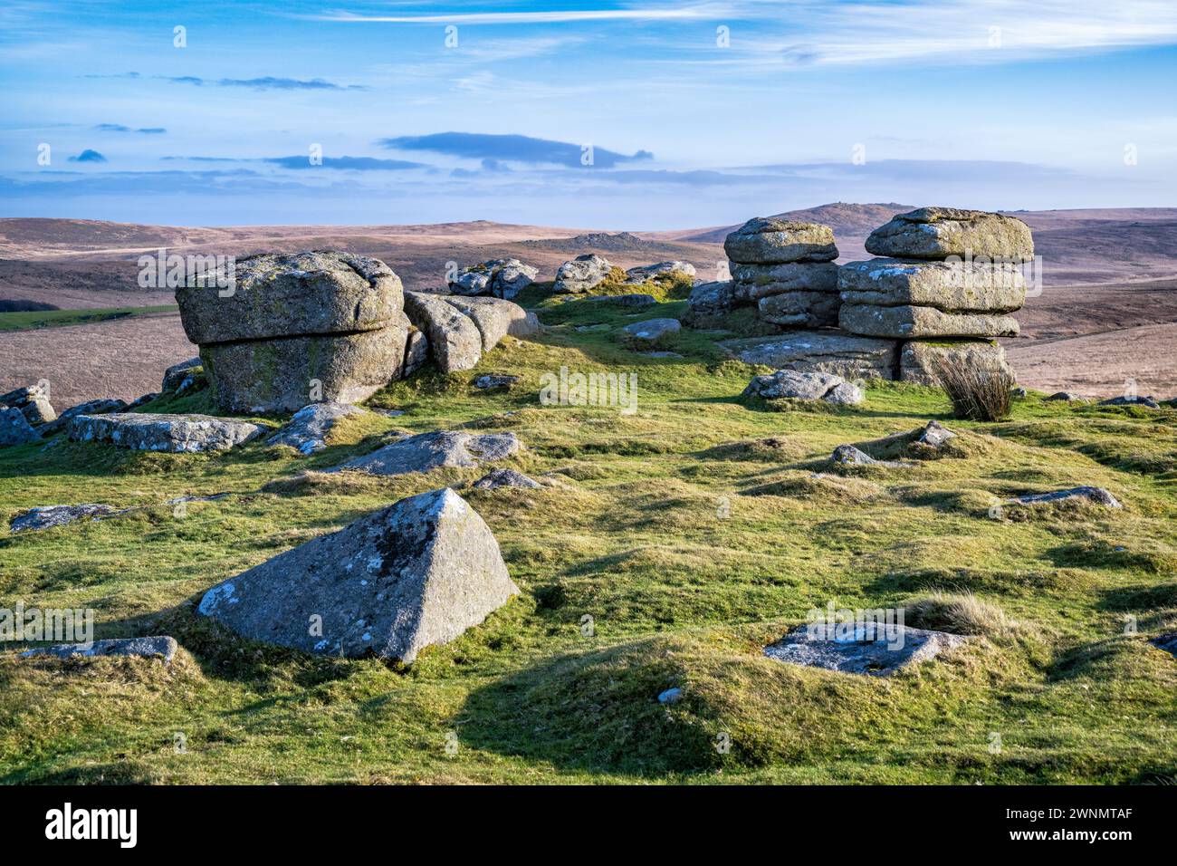 Natural outcrops or 'stacks' of granite rock on Row Tor, in the ...