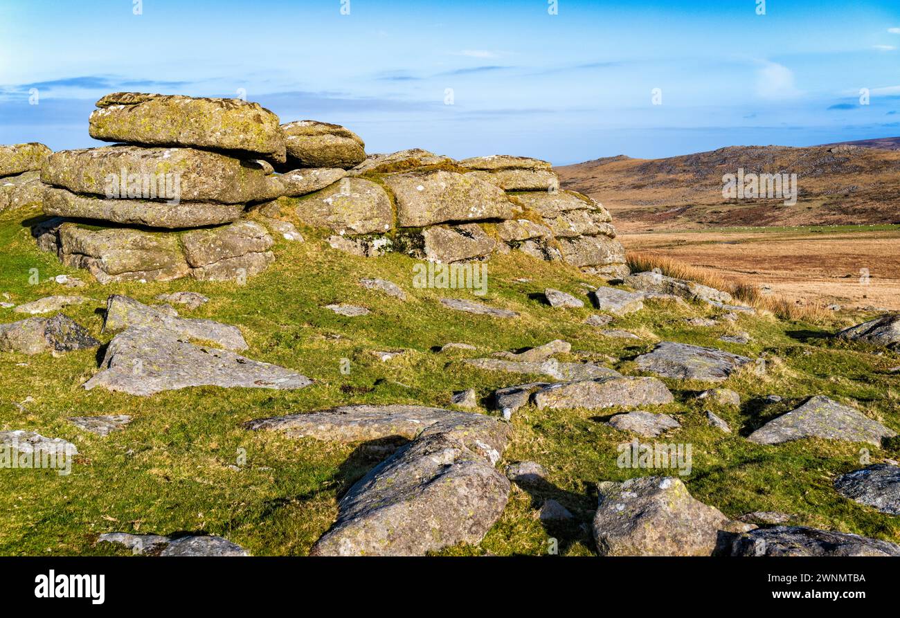 Natural outcrops or 'stacks' of granite rock on Row Tor, in the ...