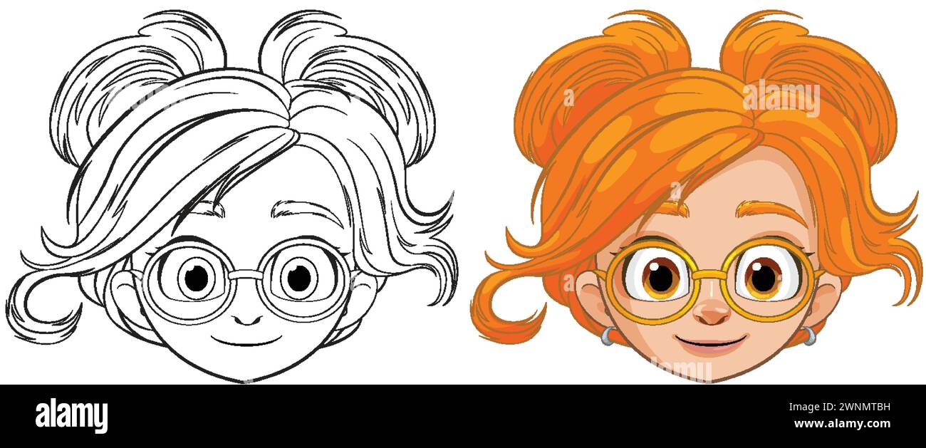 Colorful and line art illustrations of a happy girl Stock Vector Image ...