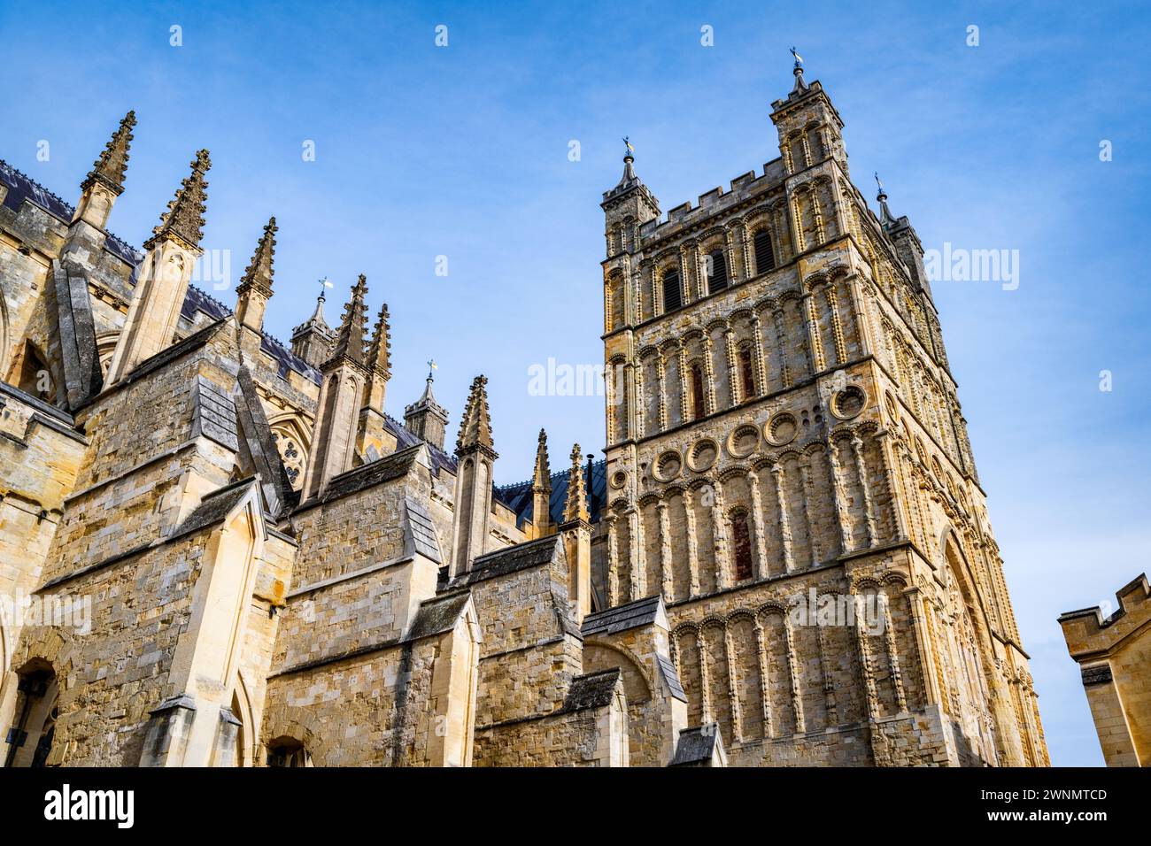 The Norman south tower of Exeter Cathedral, seen from Cathedral Gardens ...