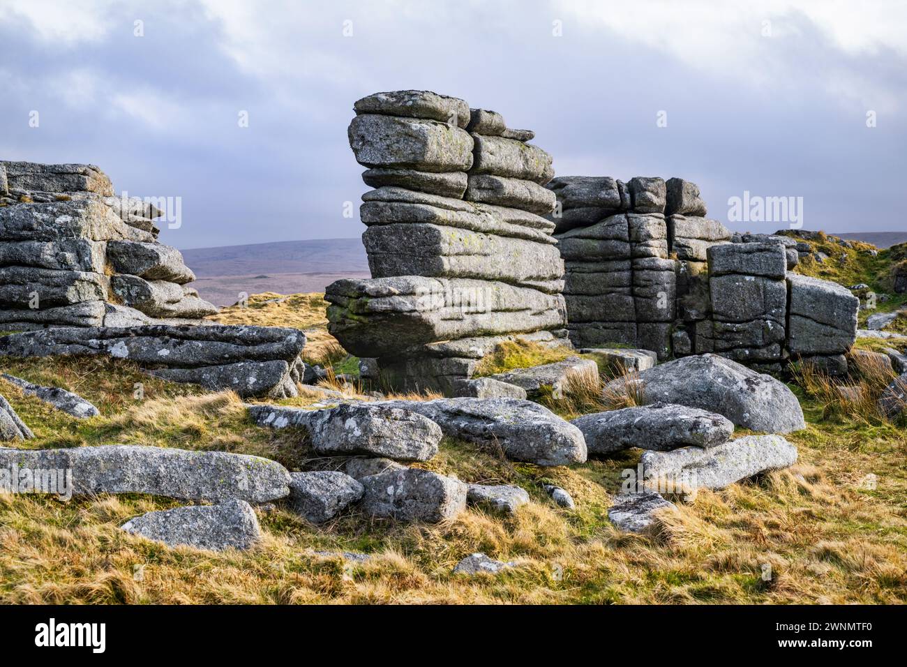 Dramatic 'stacks' of granite outcrops on East Mill Tor, Dartmoor ...
