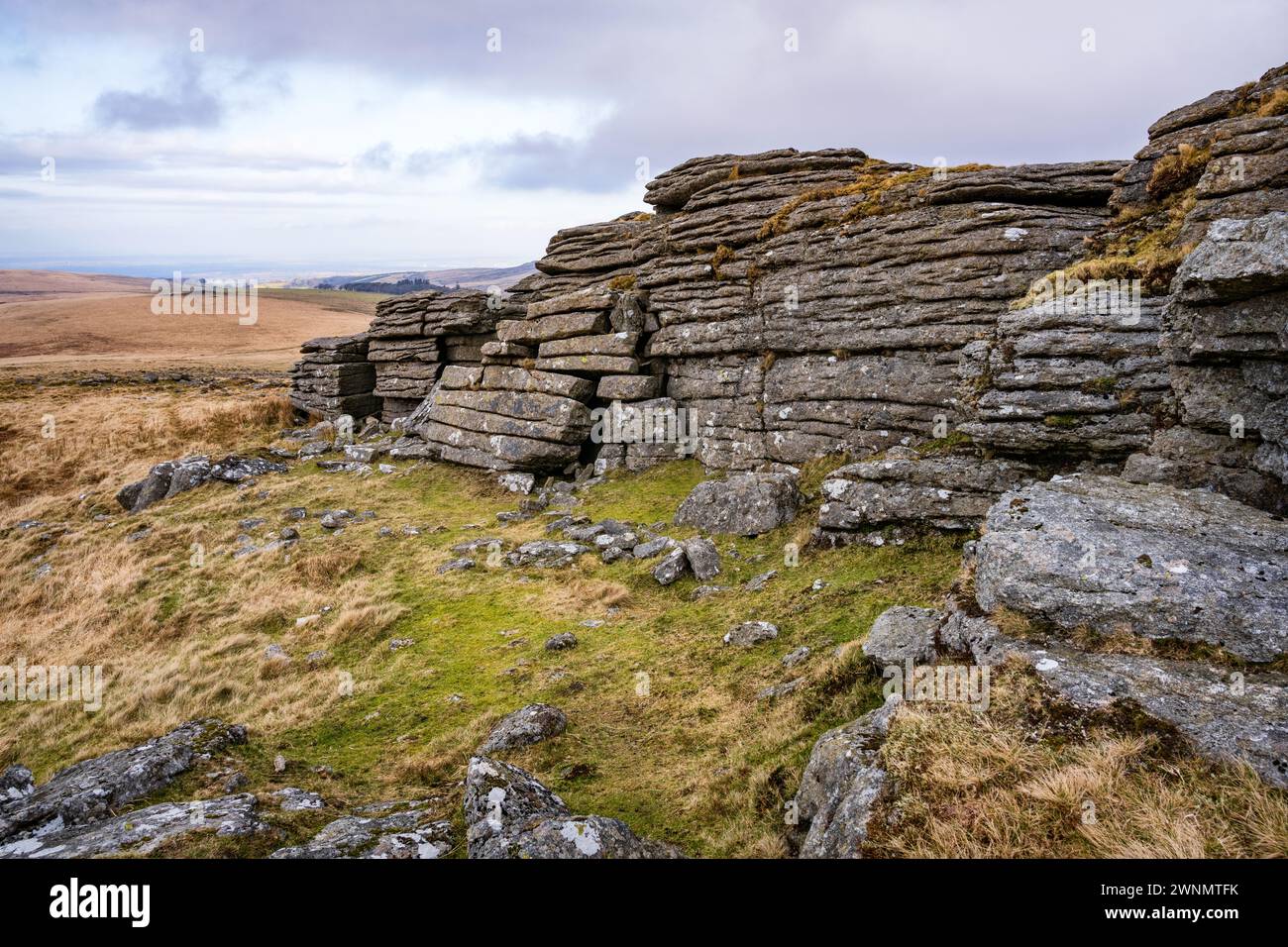 Sheer wall of a granite outcropping on East Mill Tor, Dartmoor National ...