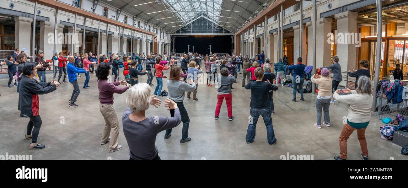 Paris, France - 03 02 2024: Le 104. View of a Qi Gong class in an old ...