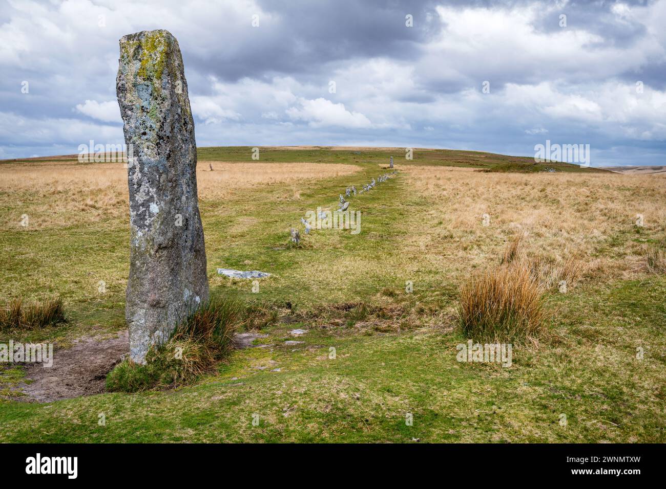 Tall terminal standing stone at the south end of a prehistoric stone ...