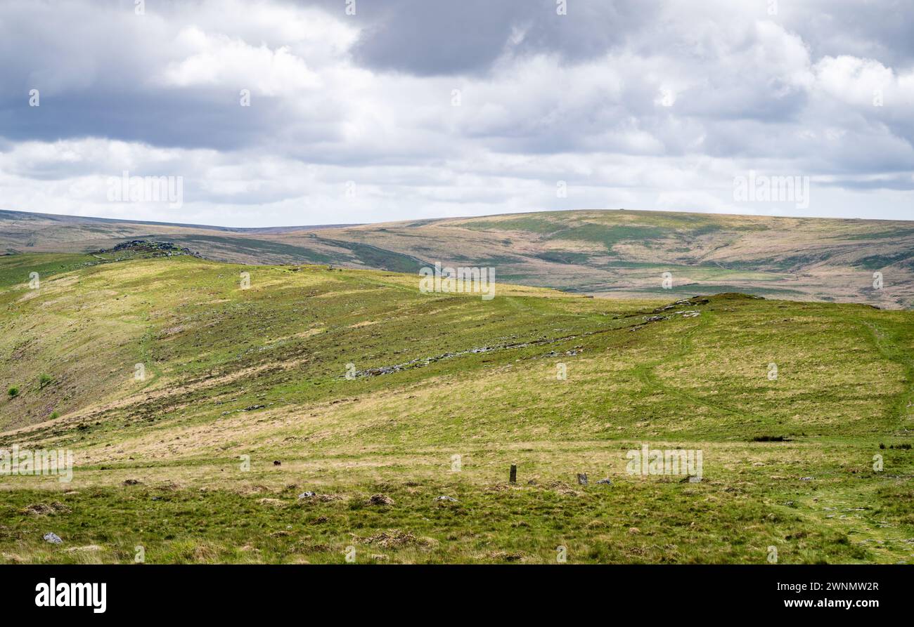 View looking south from Higher Tor, showing path along Belstone Ridge ...