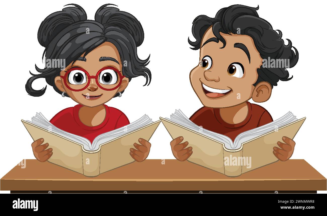 Two kids happily reading books at a table Stock Vector Image & Art - Alamy