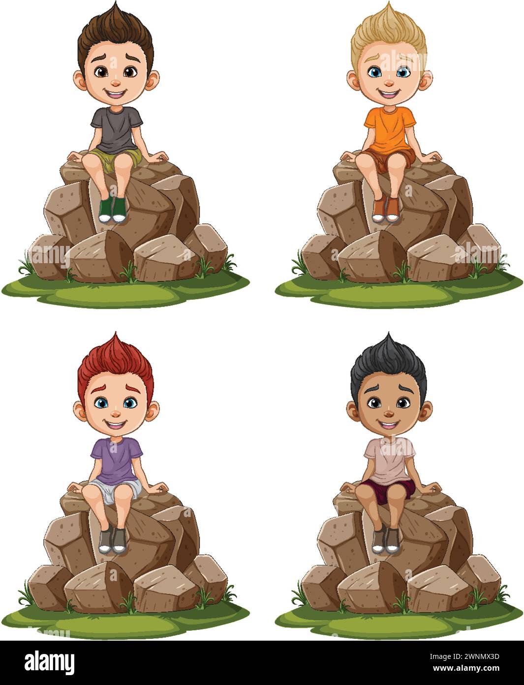Four cartoon kids smiling on stone piles Stock Vector Image & Art - Alamy