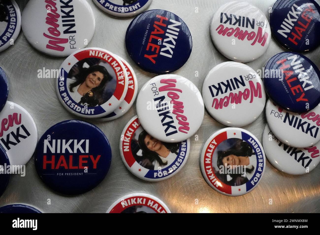 Badges on display before a campaign event for Republican presidential ...