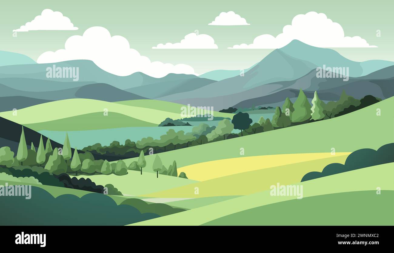 Landscape Background Hills Mountains Fields Trees Stock Vector Image ...