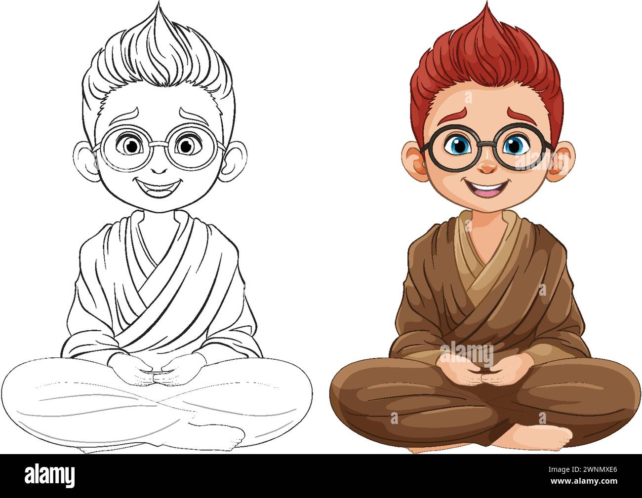 Illustration of a boy meditating, black and white to color Stock Vector ...