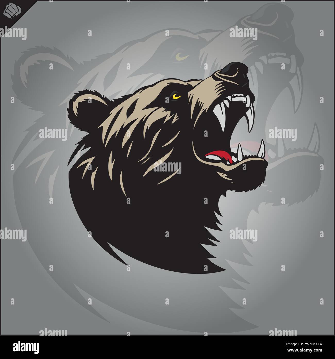 head of an aggressive bear, wide grinning evil mouth, silhouette, side view, looking up, stencil ...