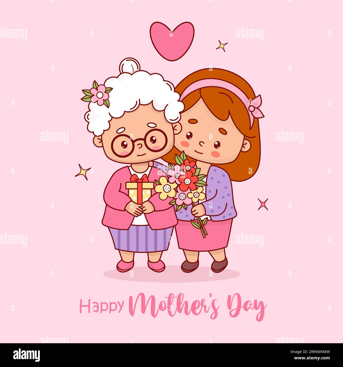 Cute festive elderly woman mother with adult daughter with bouquet of ...