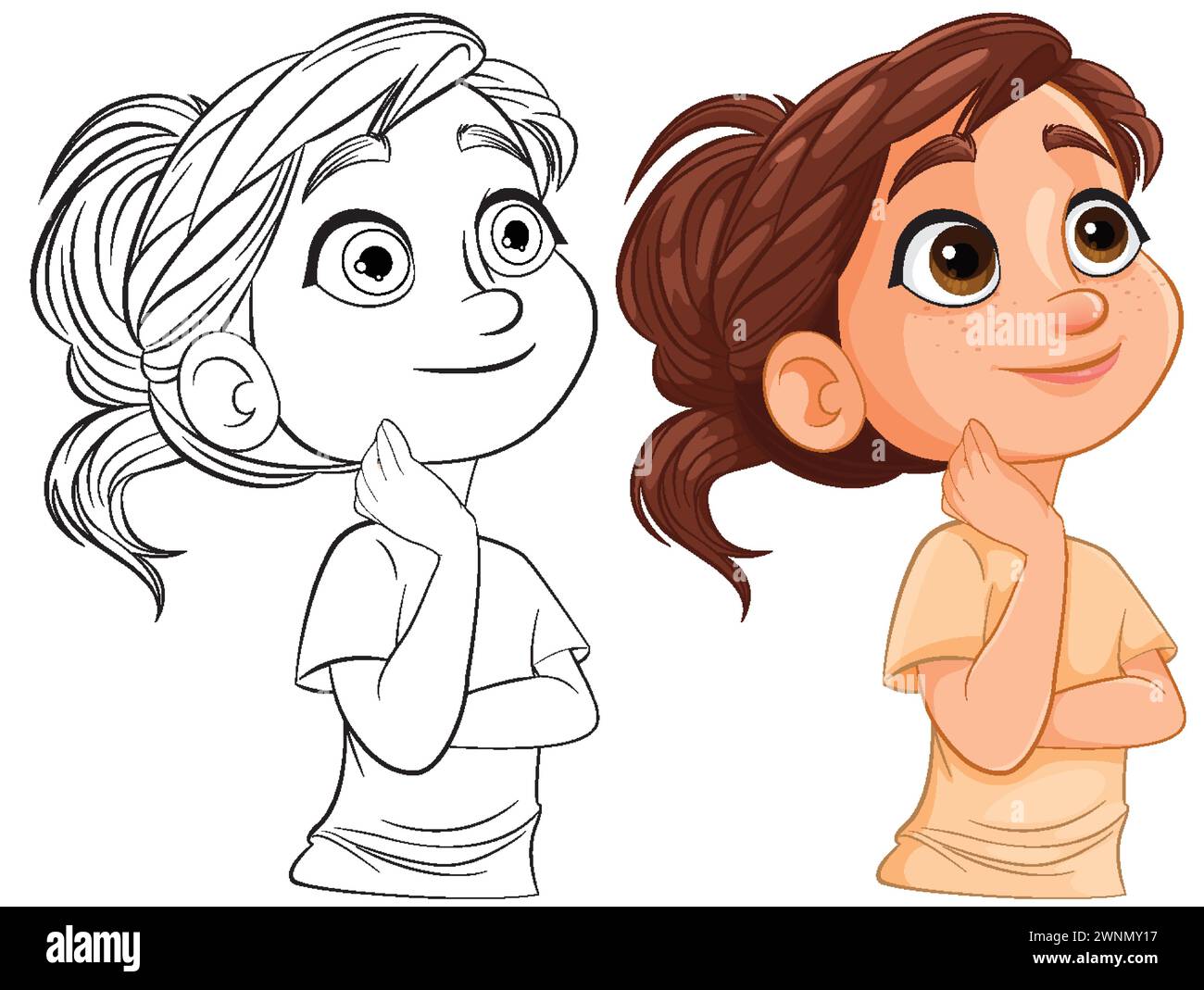 Vector illustration of a thoughtful girl, both colored and outlined ...