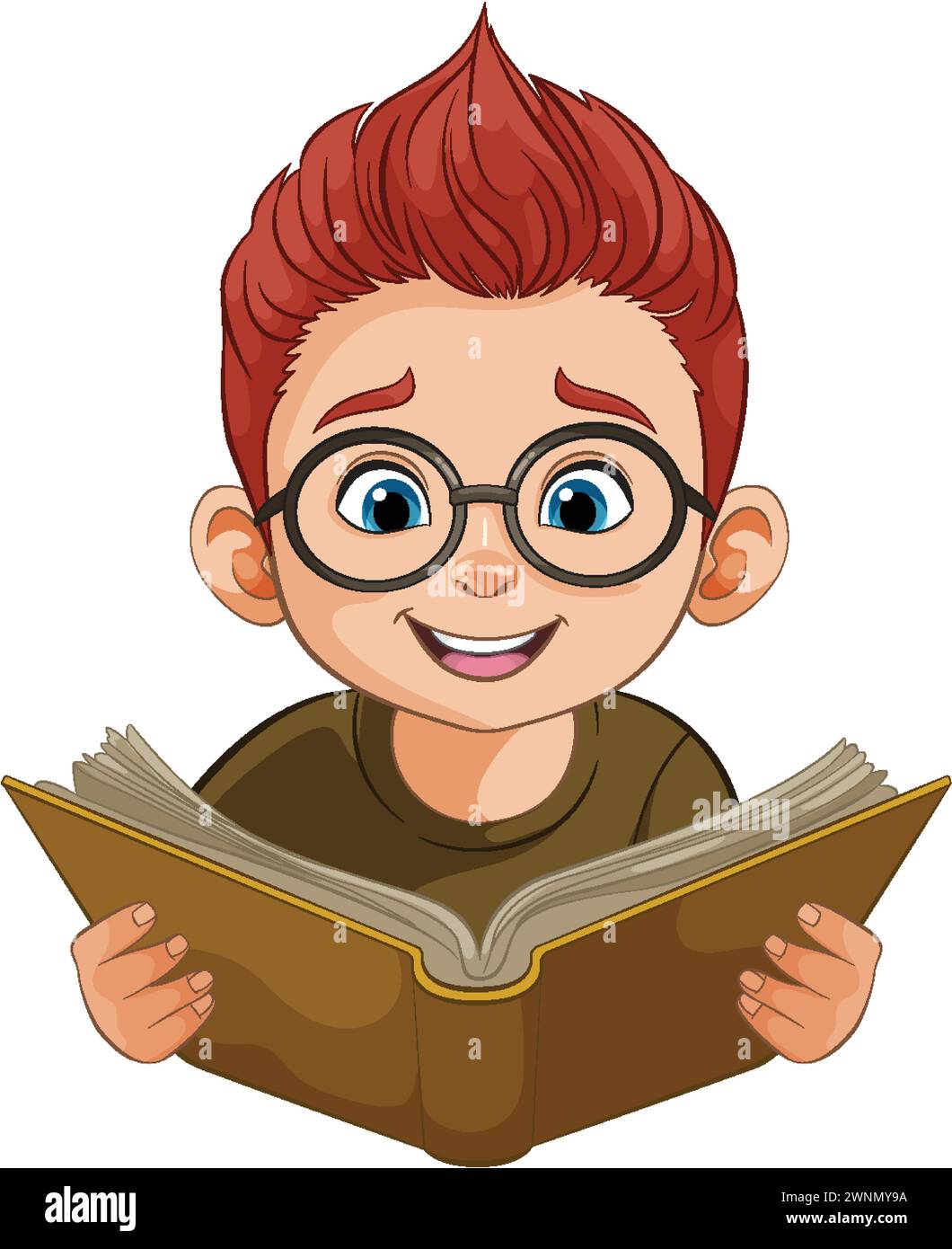 Cartoon boy with glasses reading a book intently Stock Vector Image ...